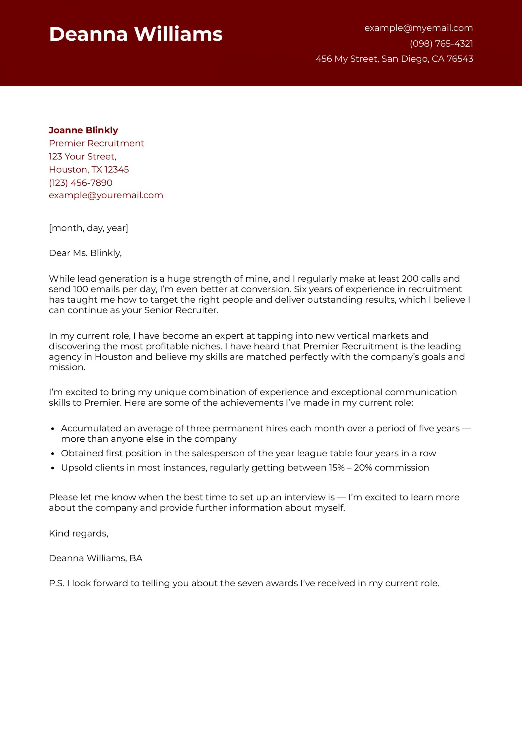 Recruiter cover letter store