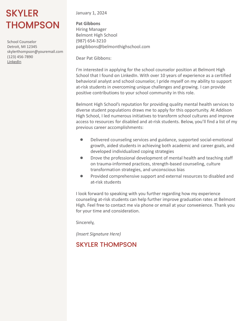School Counselor Cover Letter Examples and Templates for 2024 ...