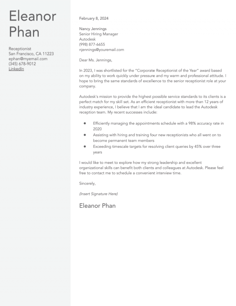 Receptionist Cover Letter Examples and Templates for 2024 ...