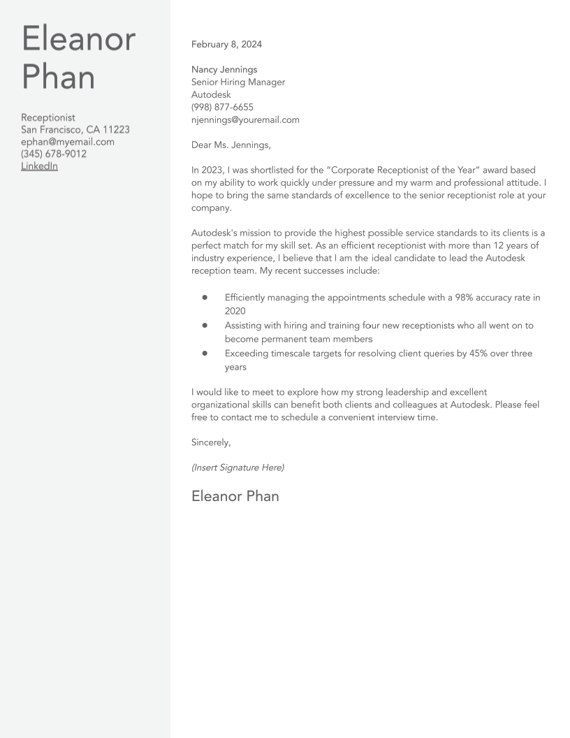 Receptionist Cover Letter Examples and Templates for 2024 ...