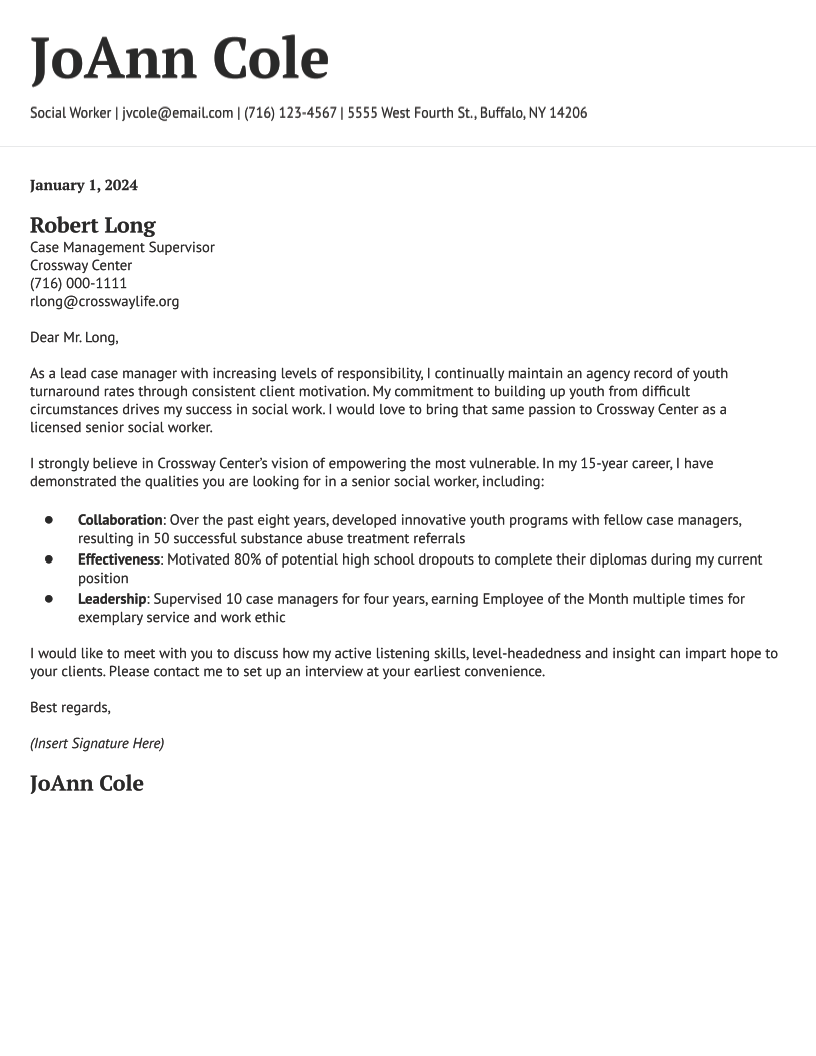 Social Work Cover Letter Examples and Templates for 2024 ...