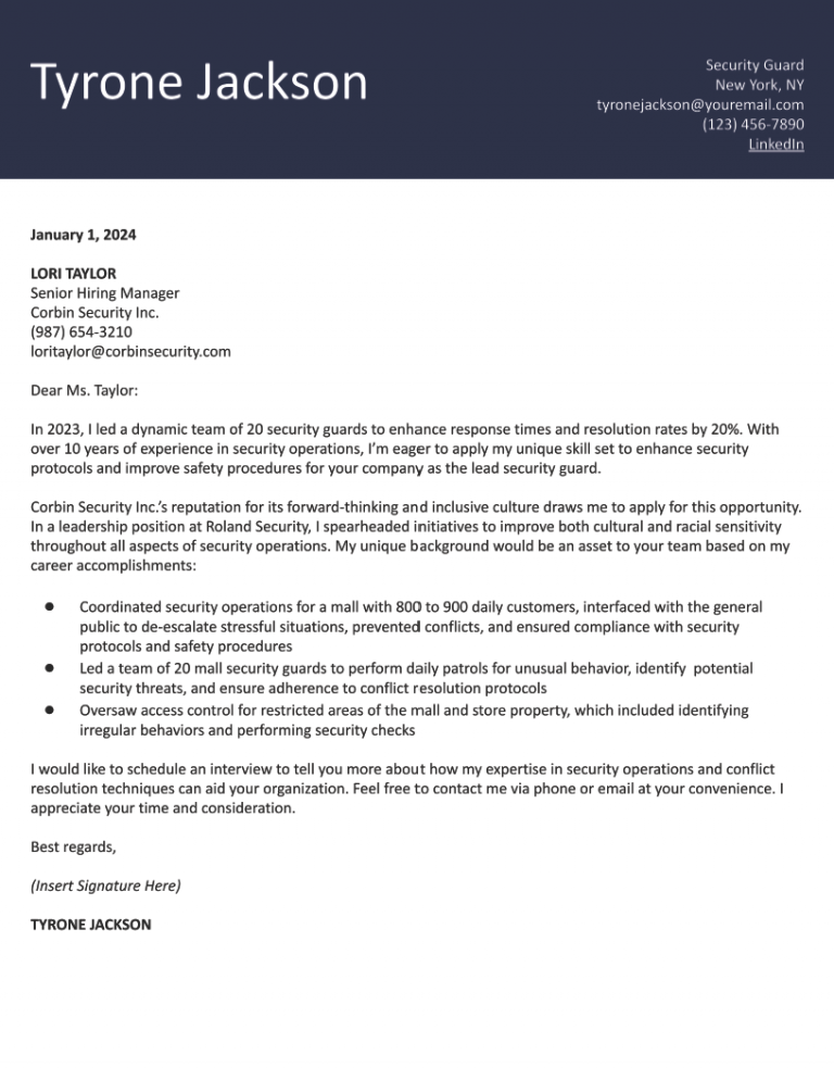 Security Guard Cover Letter Examples and Templates for 2024 ...