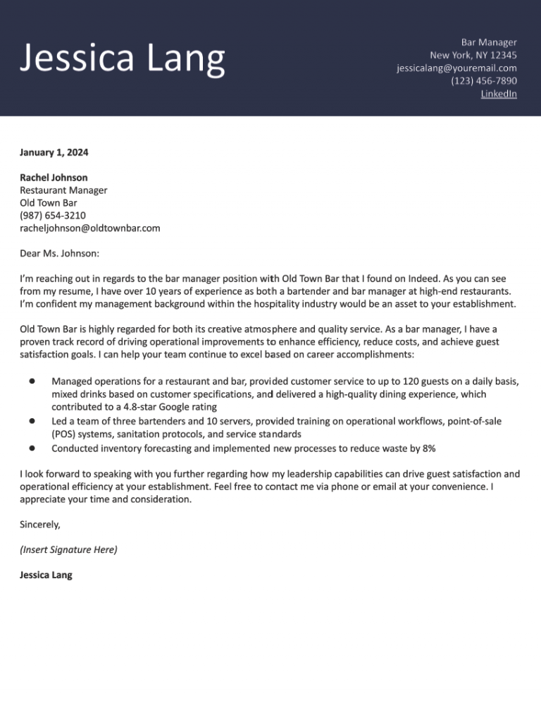 Bartender Cover Letter Examples and Templates for 2024 - ResumeBuilder.com