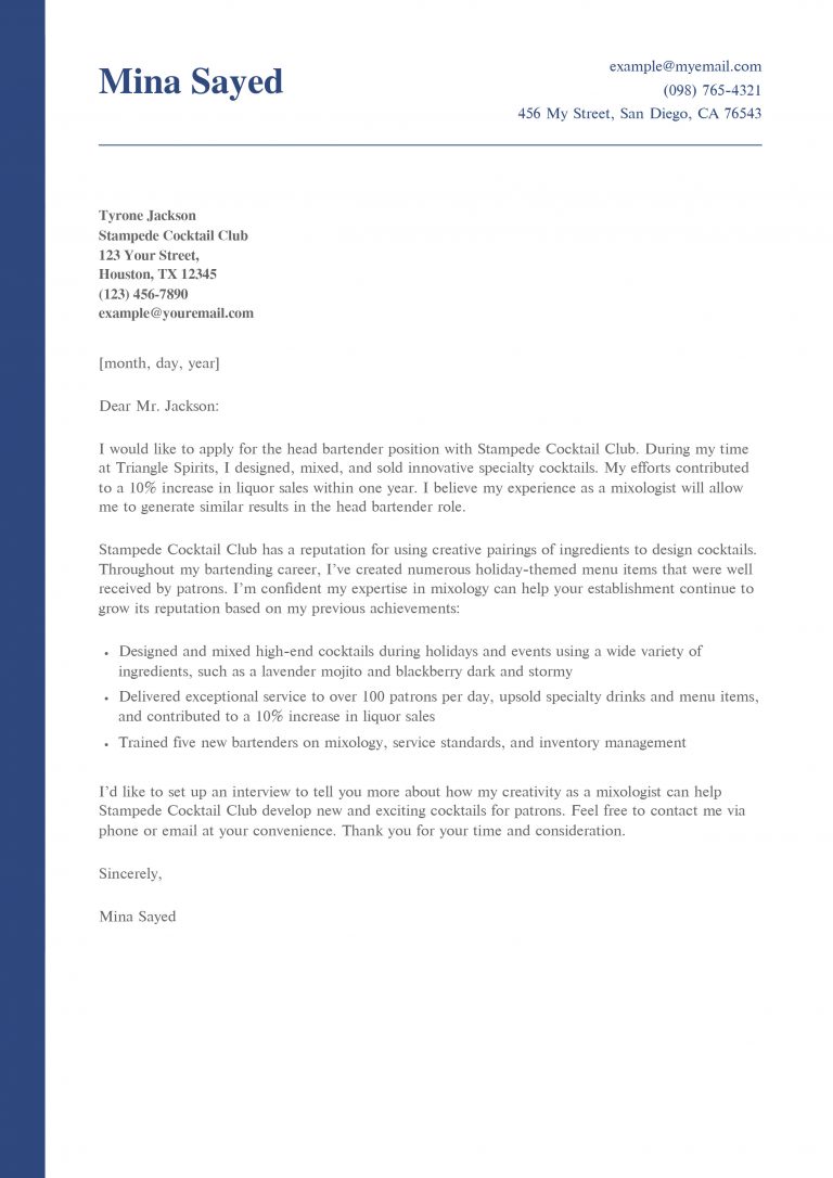 Bartender Cover Letter Examples and Templates for 2025 - ResumeBuilder.com