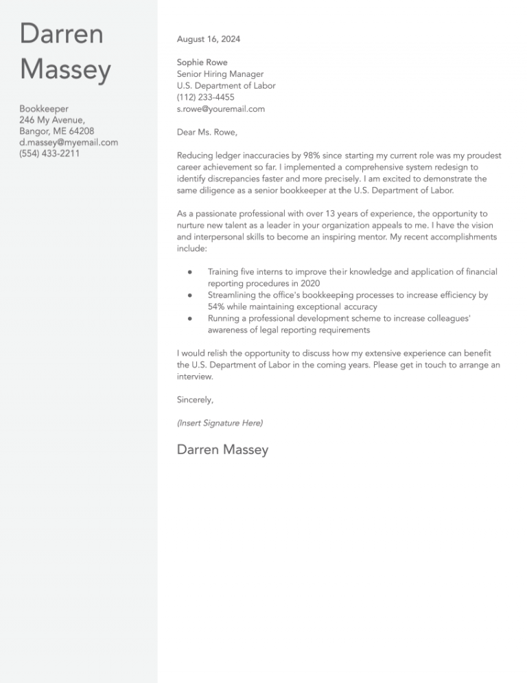 Bookkeeper Cover Letter Examples and Templates for 2024 - ResumeBuilder.com