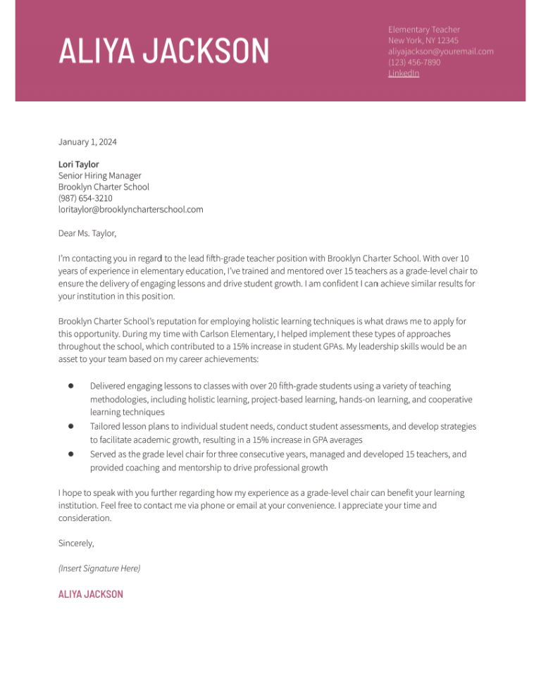 Elementary Teacher Cover Letter Examples and Templates for 2024 ...
