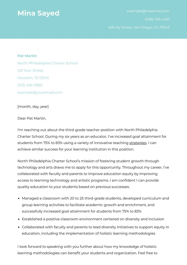 Elementary Teacher Cover Letter Examples and Templates for 2024 ...
