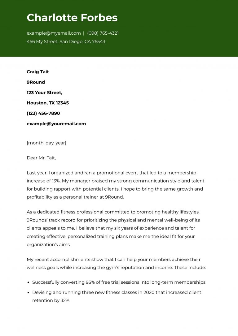 Personal Trainer Cover Letter Examples and Templates for 2026 ...