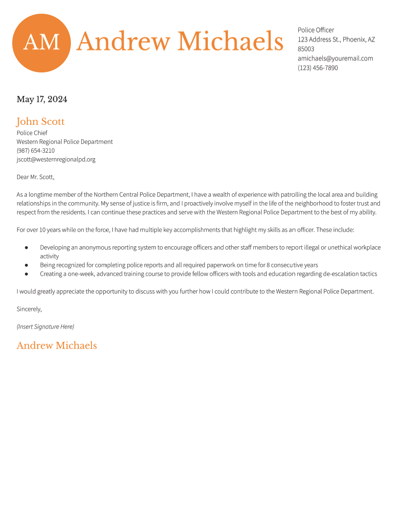 Police Officer Cover Letter Examples and Templates for 2024 ...