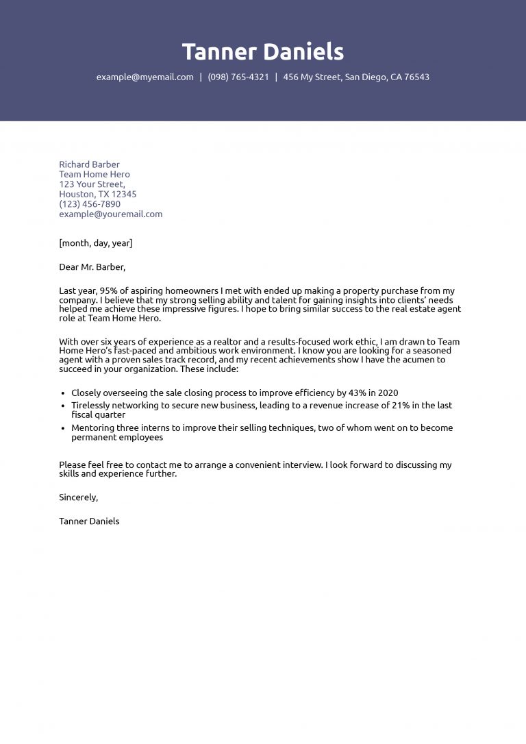 Real Estate Agent Cover Letter Examples and Templates for 2025 ...