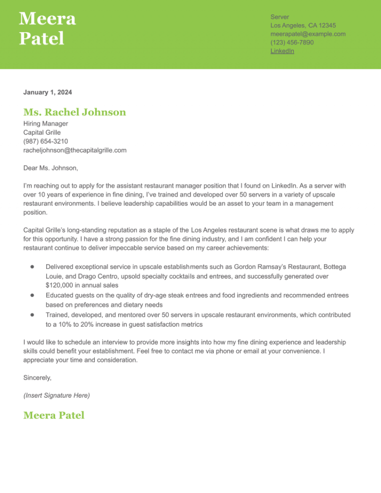 Server Cover Letter Examples and Templates for 2024 - ResumeBuilder.com