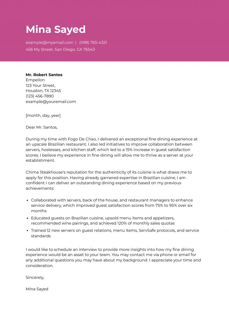 Server Cover Letter Examples and Templates for 2025 - ResumeBuilder.com