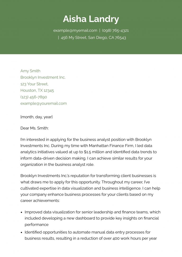 Business Analyst Cover Letter Examples and Templates for 2025 ...