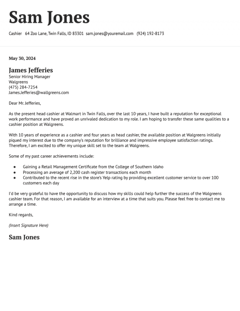 Cashier Cover Letter Examples and Templates for 2024 - ResumeBuilder.com