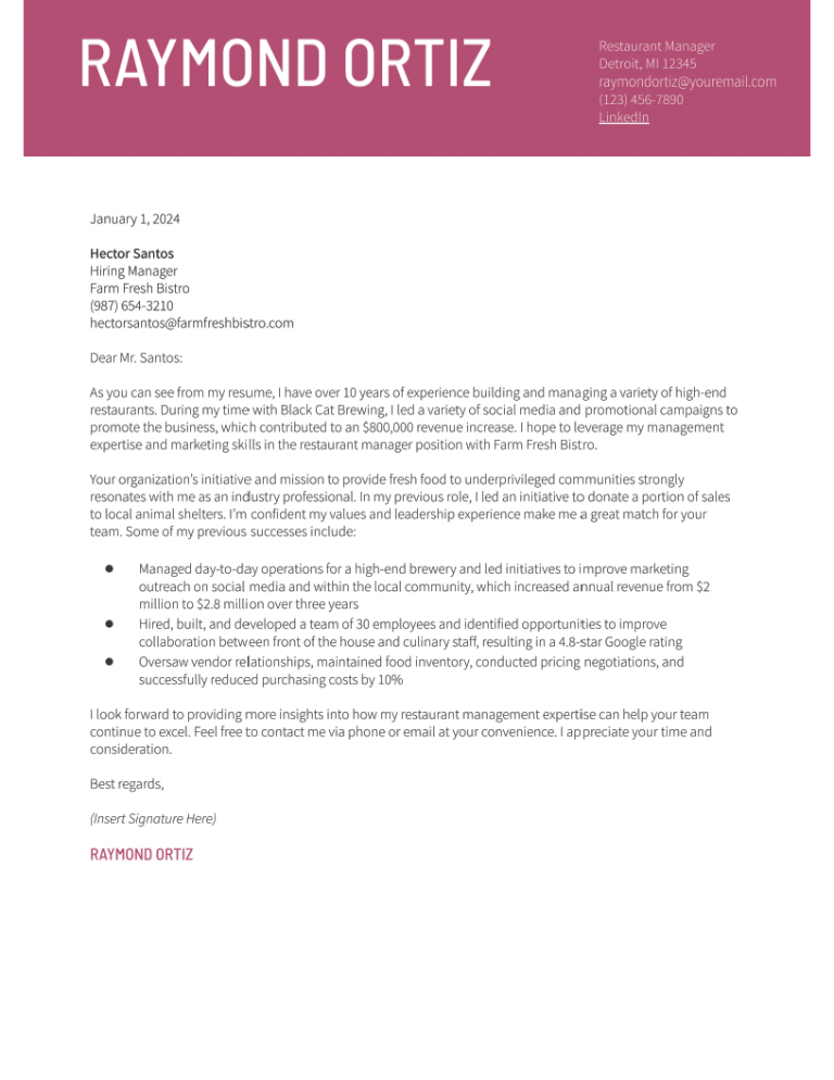 Restaurant Manager Cover Letter Examples and Templates for 2024 ...