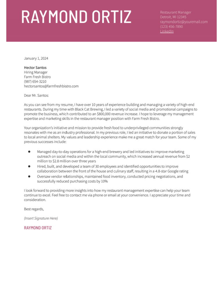 Restaurant Manager Cover Letter Examples and Templates for 2024 ...