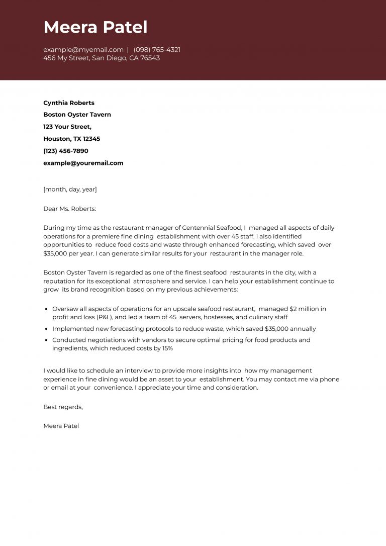 Restaurant Manager Cover Letter Examples and Templates for 2025 ...