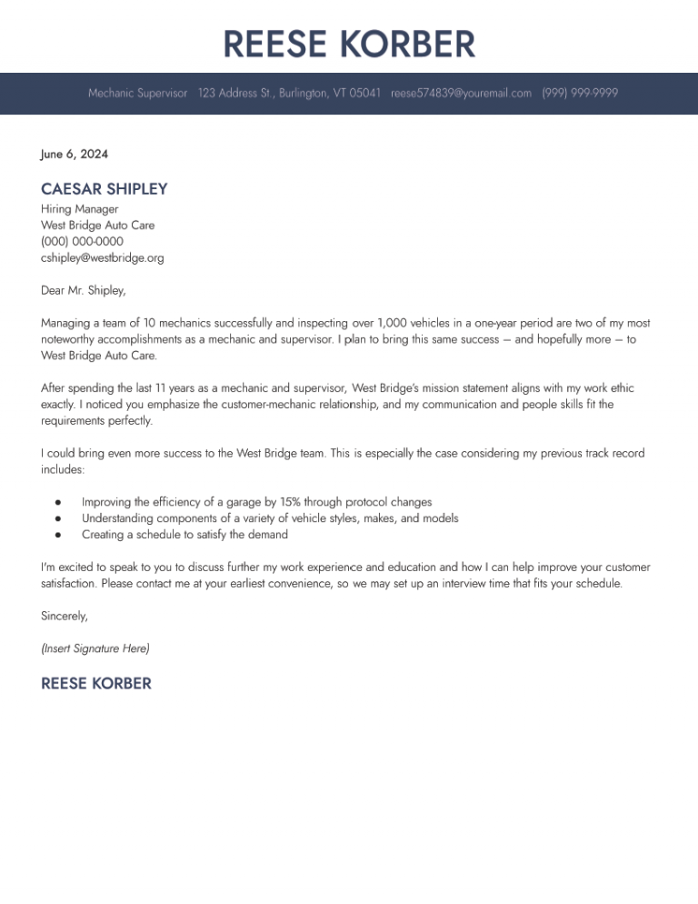Mechanic Cover Letter Examples and Templates for 2024 - ResumeBuilder.com