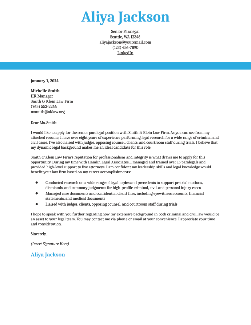 Paralegal Cover Letter Examples and Templates for 2024 - ResumeBuilder.com