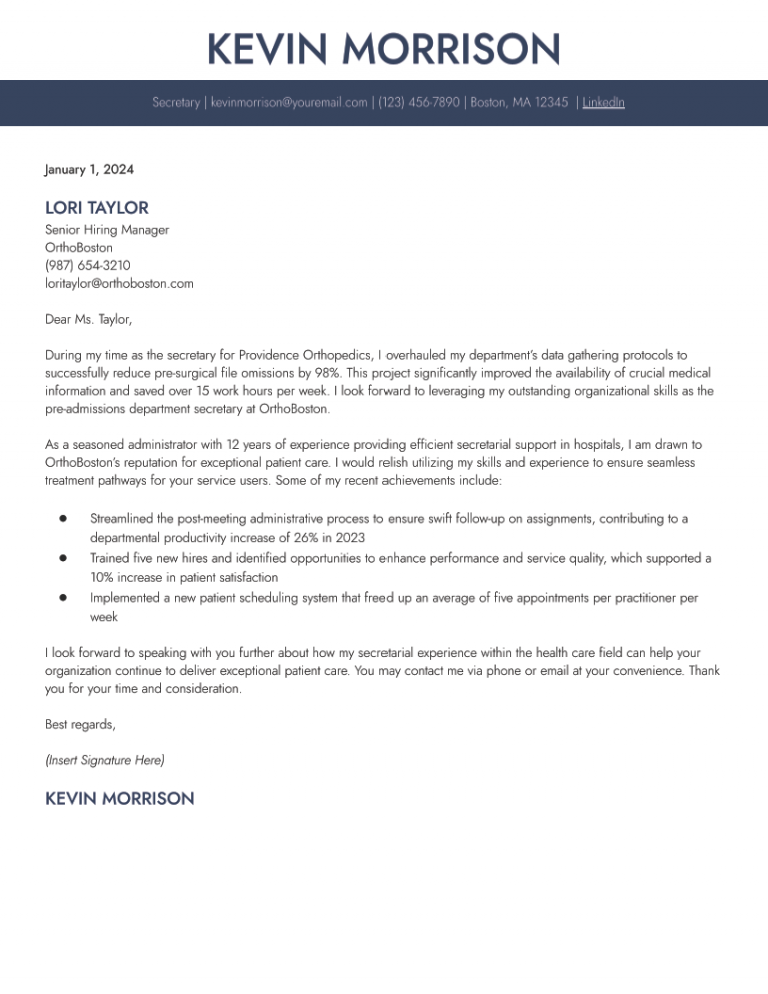 Secretary Cover Letter Examples and Templates for 2024 - ResumeBuilder.com