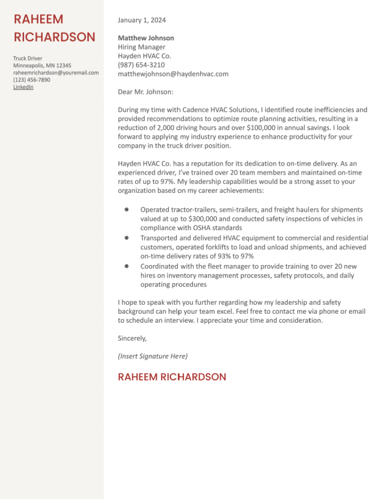 Truck Driver Cover Letter Examples and Templates for 2024 ...