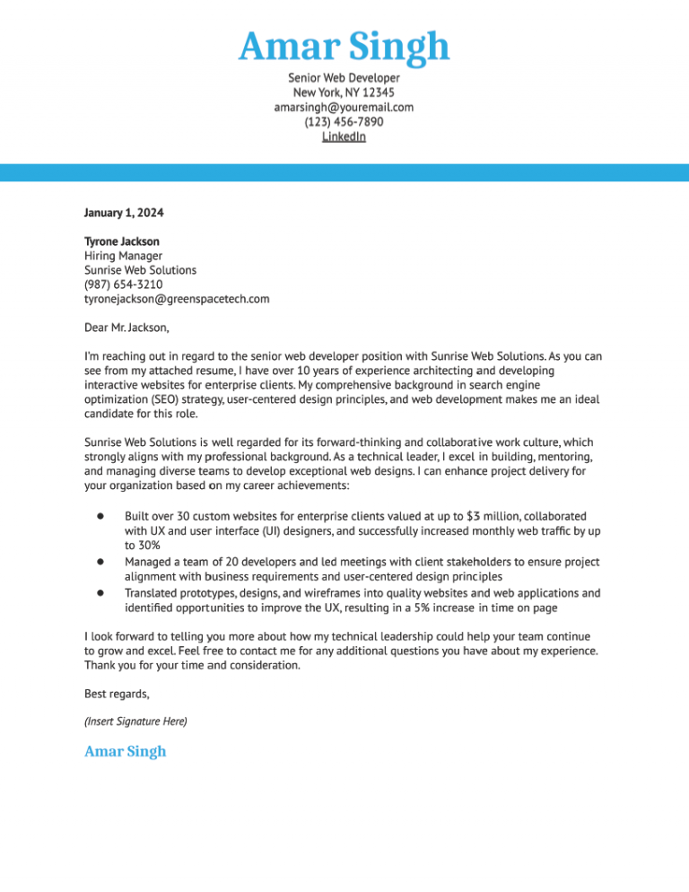 Web Developer Cover Letter Examples and Templates for 2024 ...