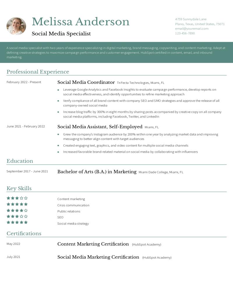 Social Media Resume Examples and Templates for 2024 - ResumeBuilder.com Social Media Resume Examples and Templates for 2024 - ResumeBuilder.com