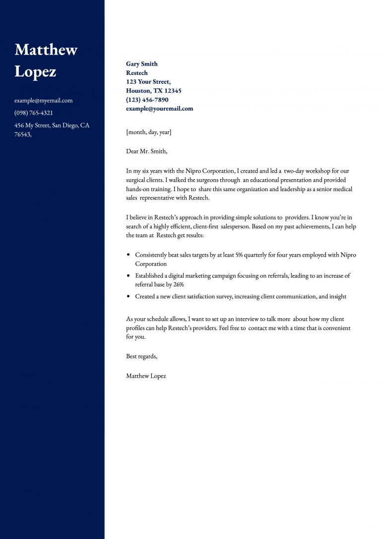 Medical Sales Representative Cover Letter Examples and Templates for ...