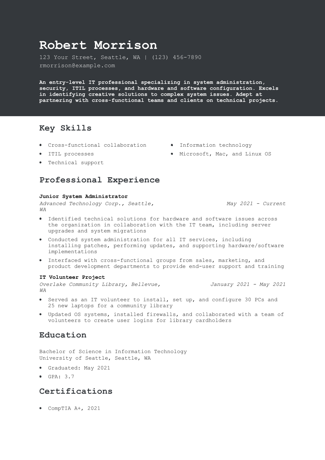 Entry-Level Information Technology Resume Examples and Templates for ...