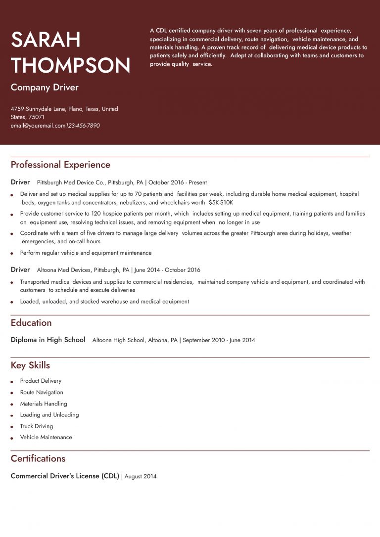 25 Best Company Driver Resume Examples and Templates for 2025 ...