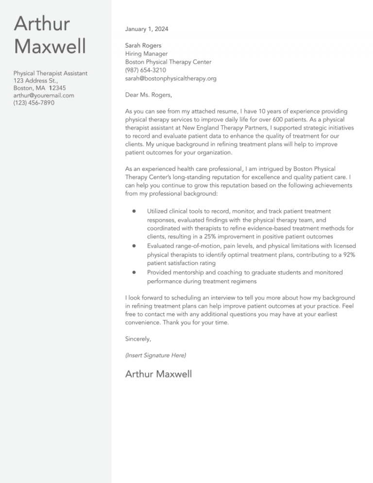 Physical Therapist Assistant Cover Letter Examples and Templates for ...