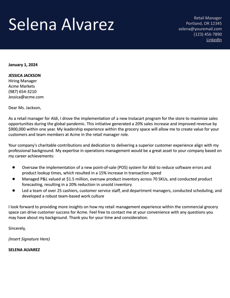 Retail Manager Cover Letter Examples and Templates for 2024 ...