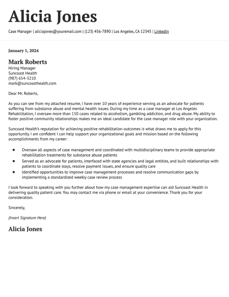 Case Manager Cover Letter Examples and Templates for 2024 ...