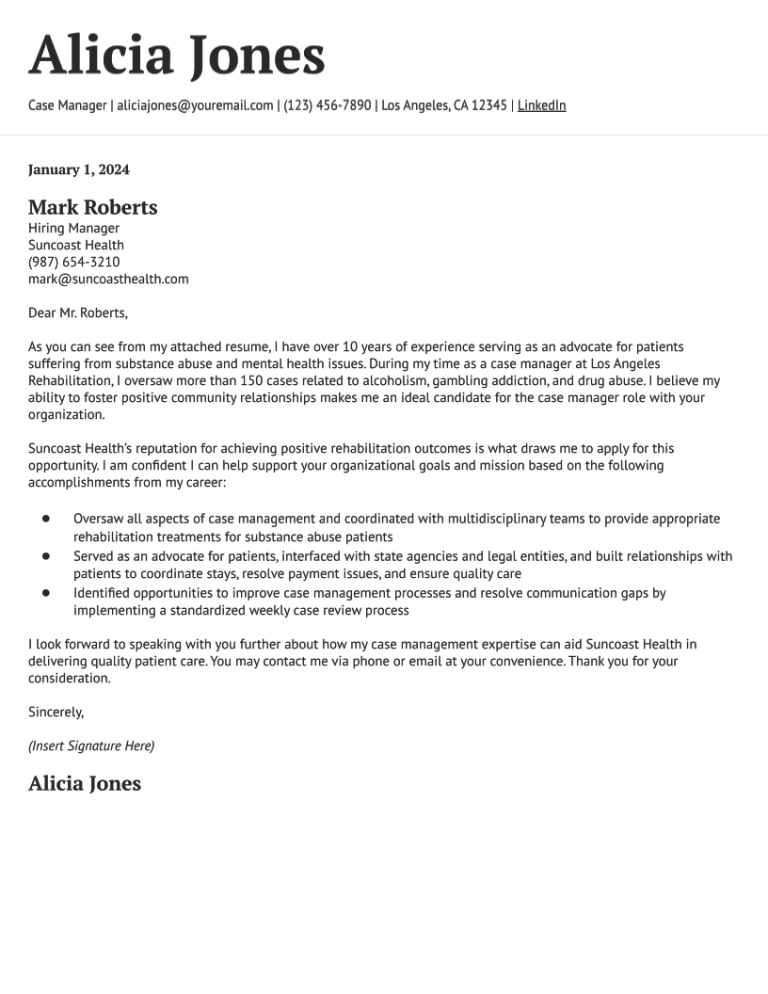 Case Manager Cover Letter Examples and Templates for 2024 ...
