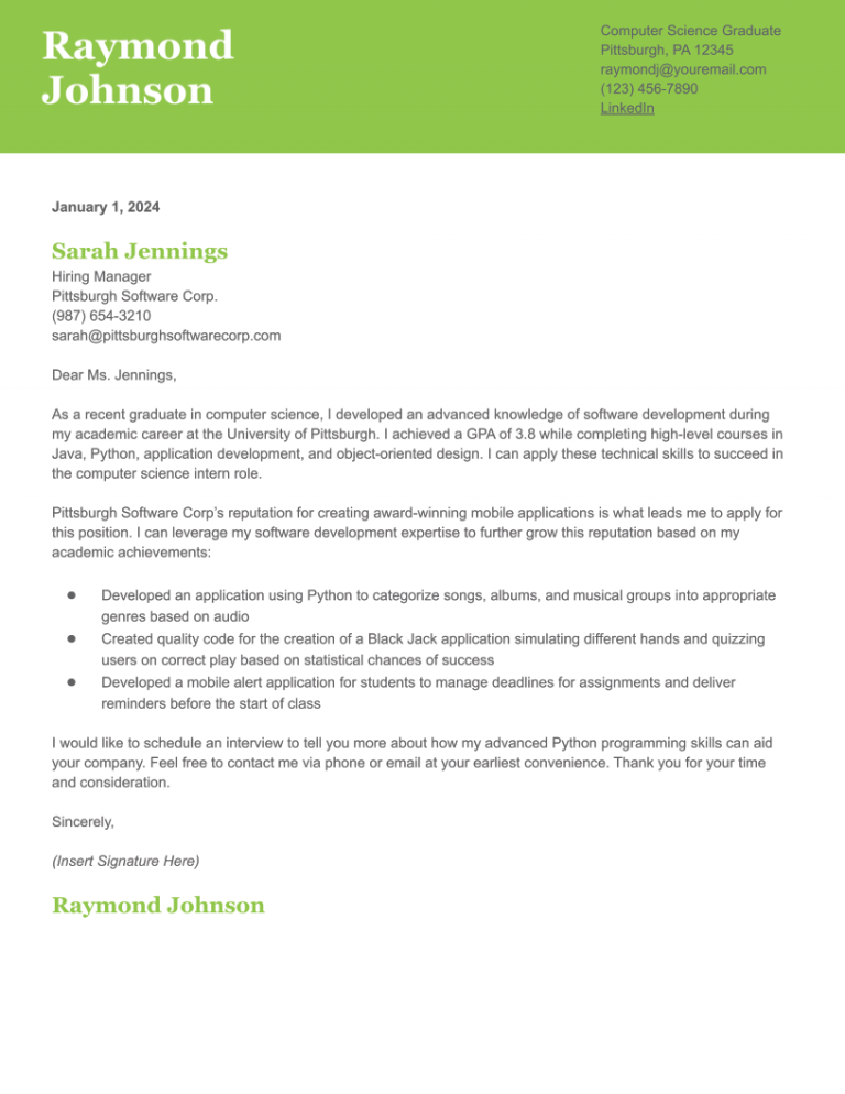 Computer Science Intern Cover Letter Examples and Templates for 2024 ...