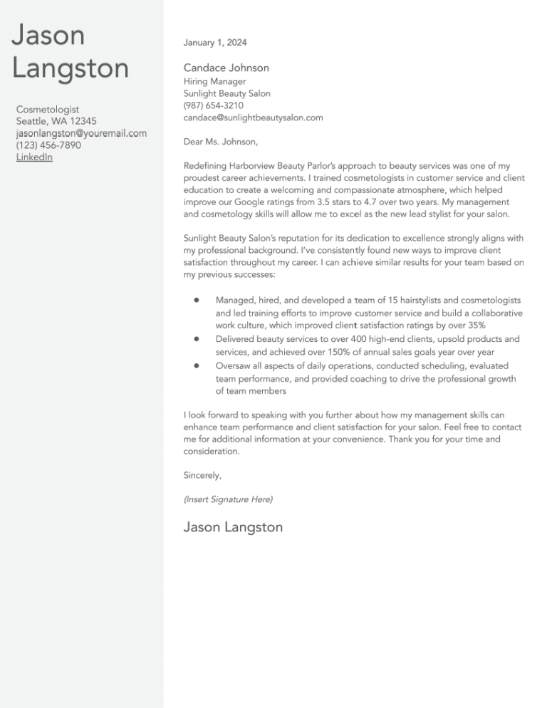 Cosmetologist Cover Letter Examples and Templates for 2024 ...