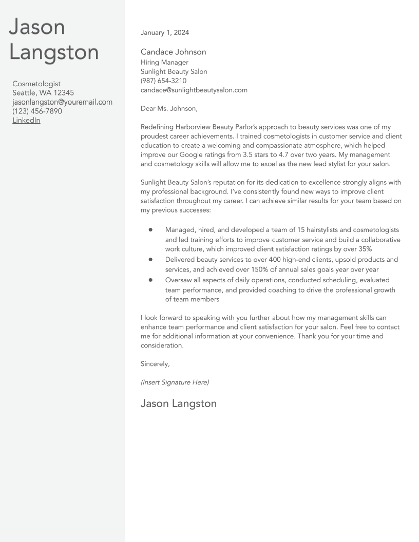 Cosmetologist Cover Letter Examples and Templates for 2024 ...