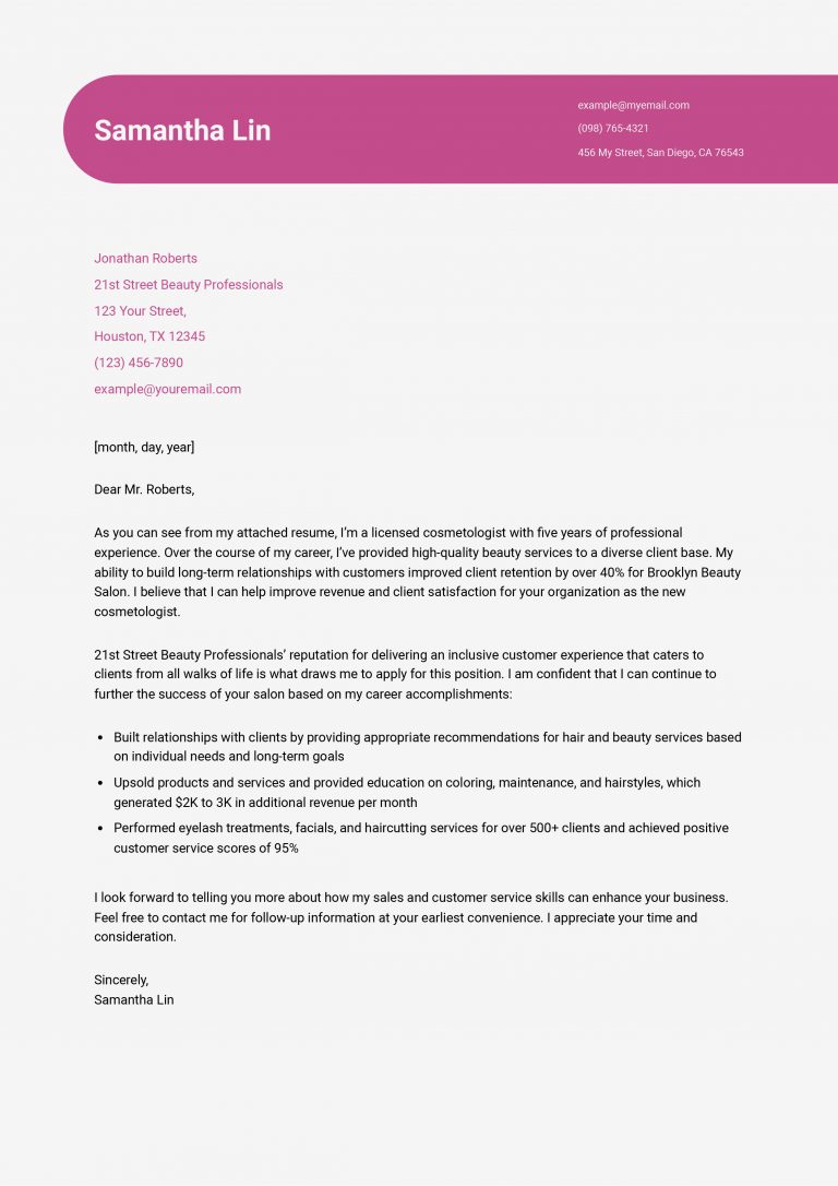 Cosmetologist Cover Letter Examples and Templates for 2025 ...