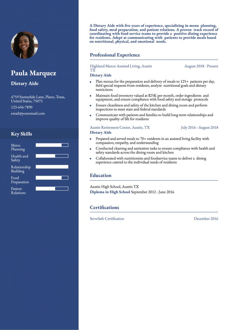 Dietary Aide Resume Examples and Templates for 2025 - ResumeBuilder.com