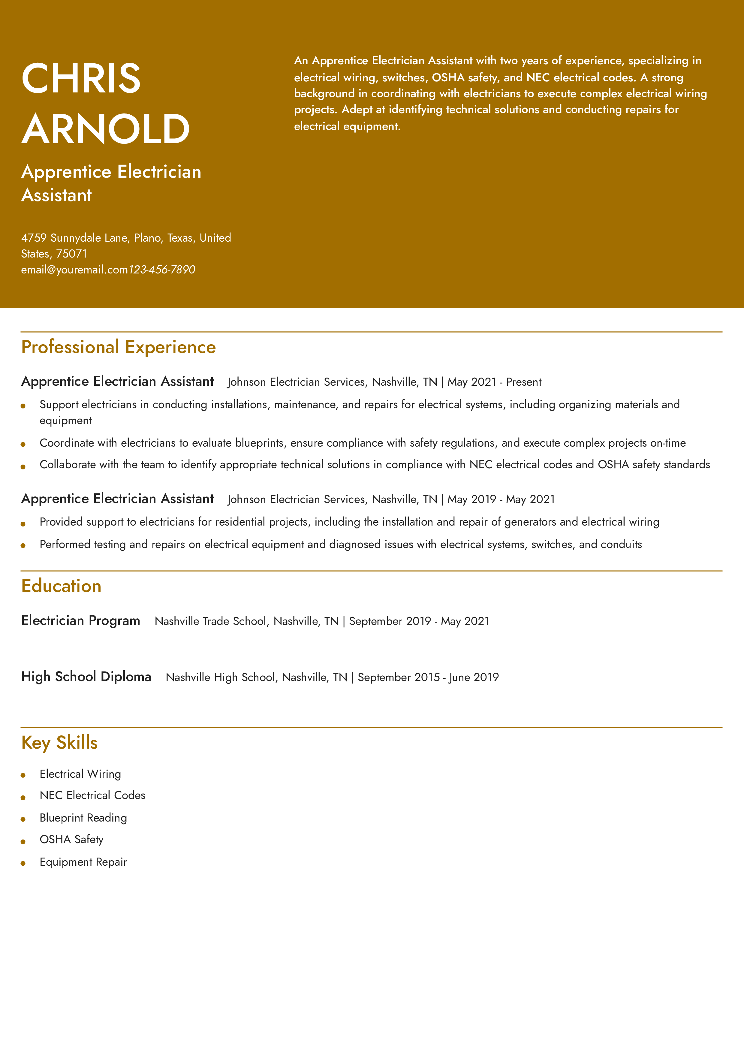 Electrician Assistant Apprentice Resume Examples and Templates for 2024 ...