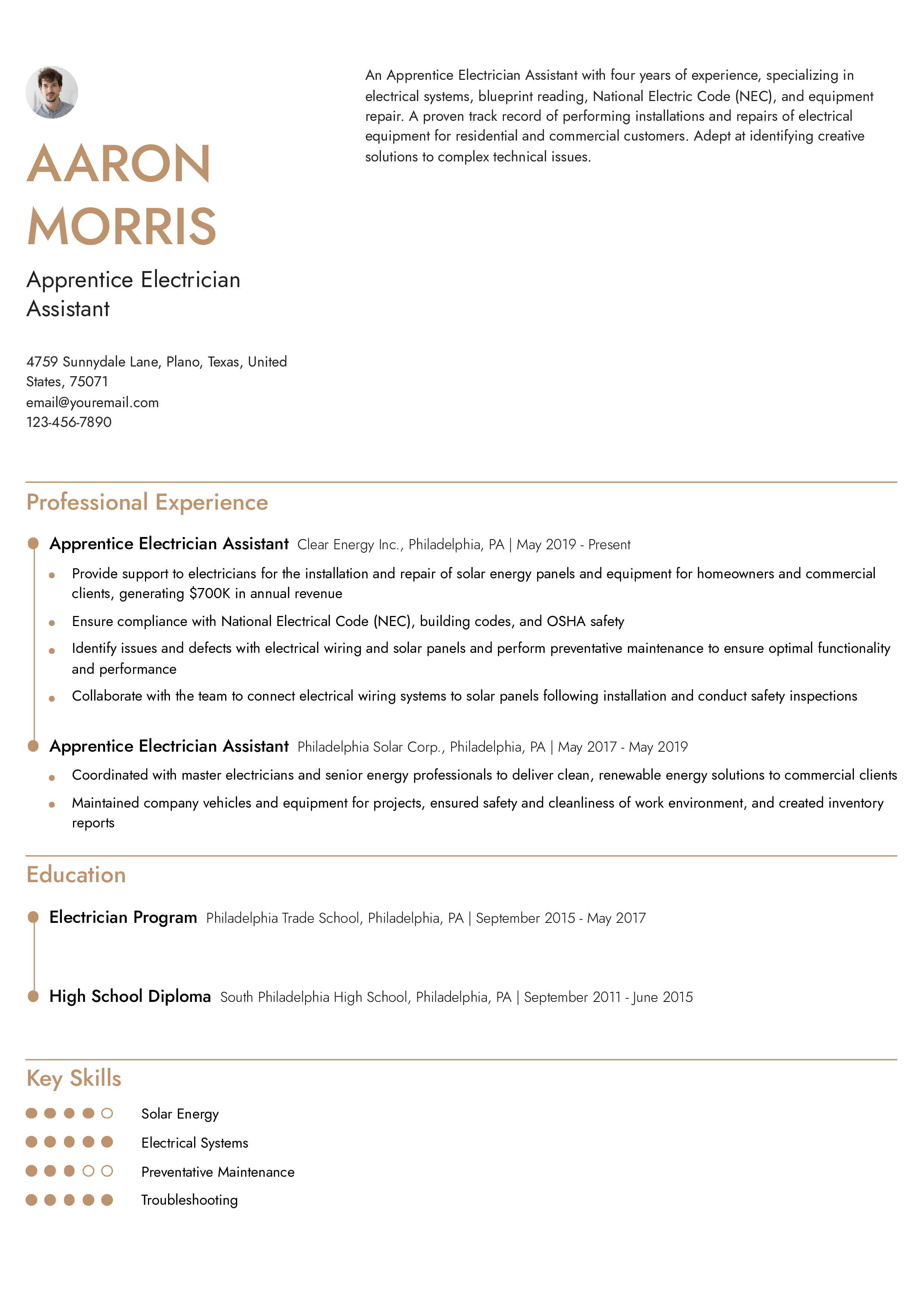 Electrician Assistant Apprentice Resume Examples and Templates for 2024 ...