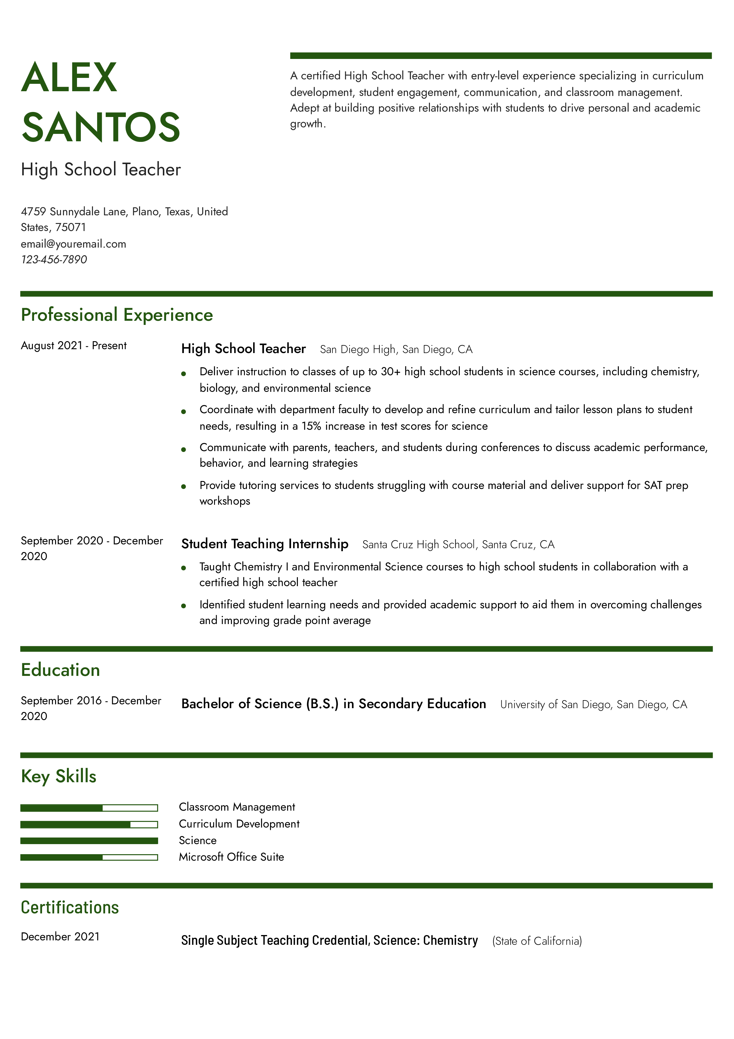 High School Teacher Resume Examples and Templates for 2024 ...