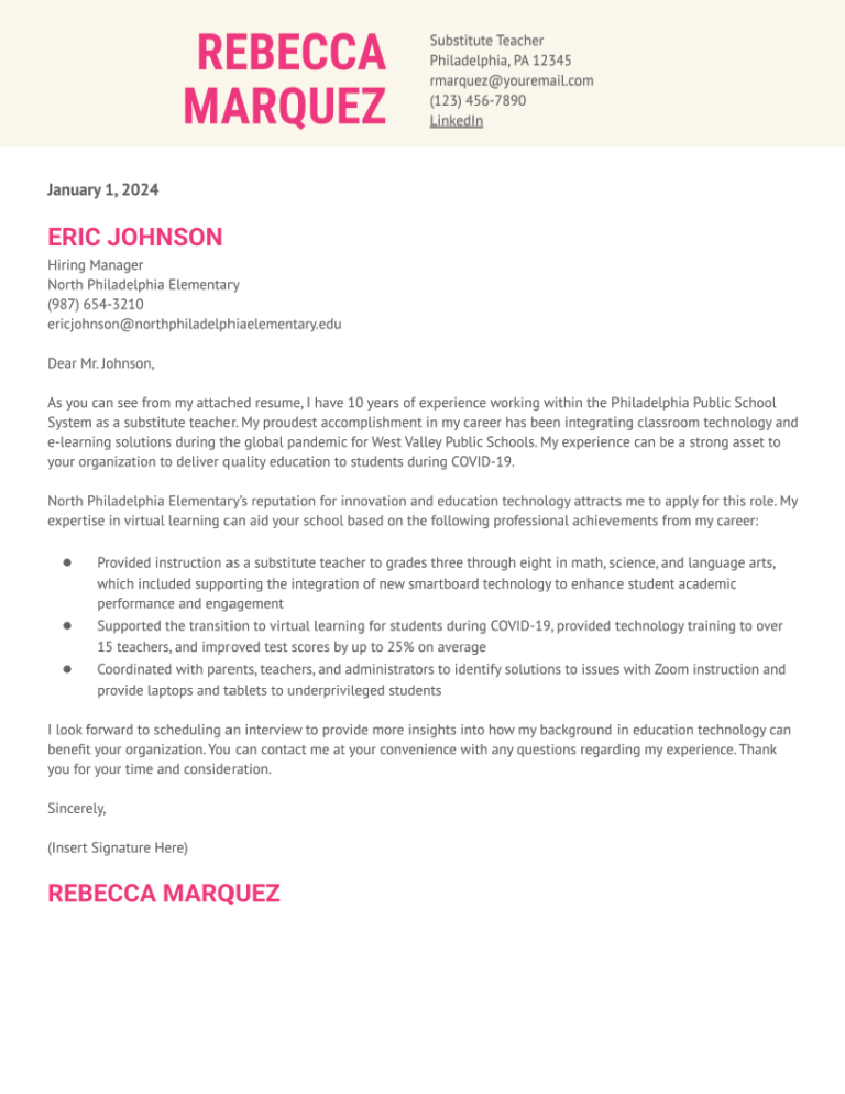 Substitute Teacher Cover Letter Examples and Templates for 2024 ...