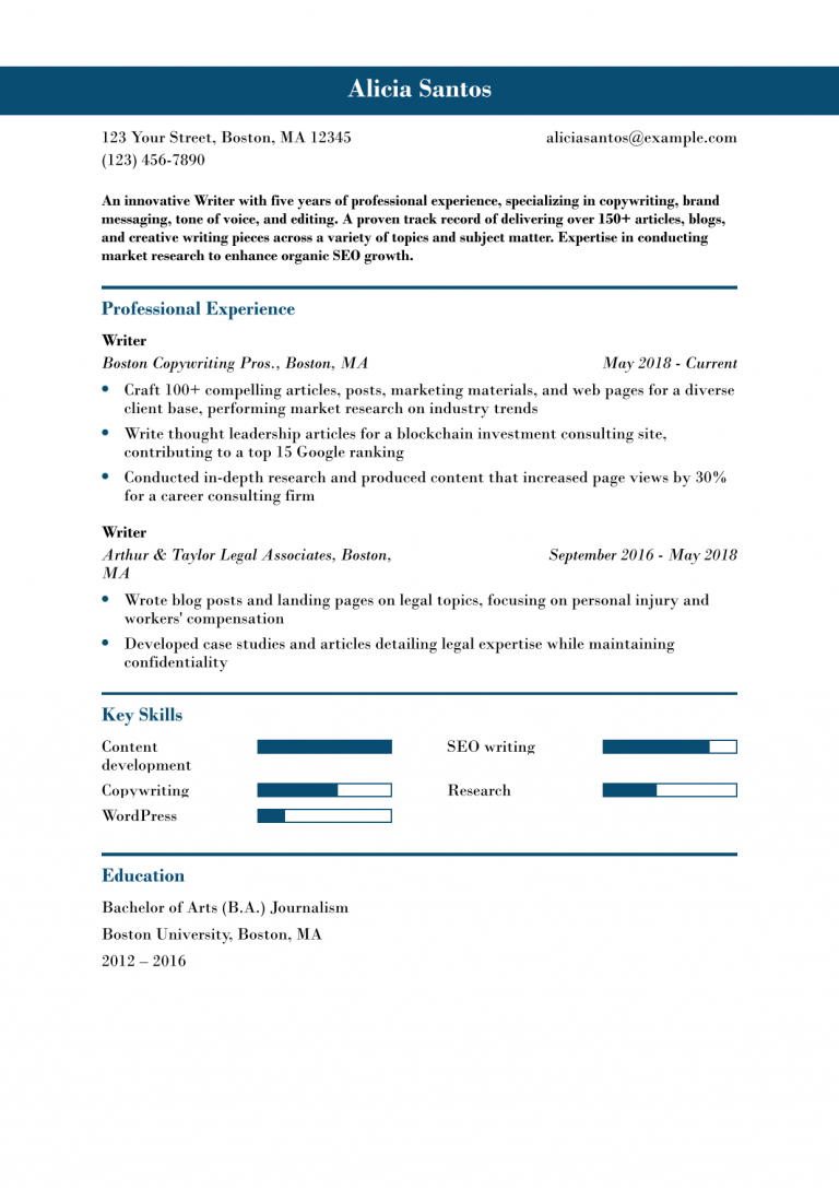 20 Best Writer Resume Examples and Templates for 2025 - ResumeBuilder.com
