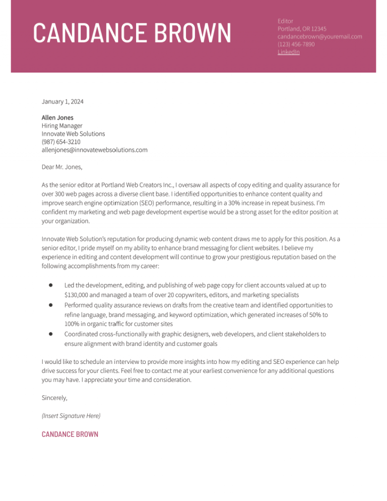 Editor Cover Letter Examples and Templates for 2024 - ResumeBuilder.com
