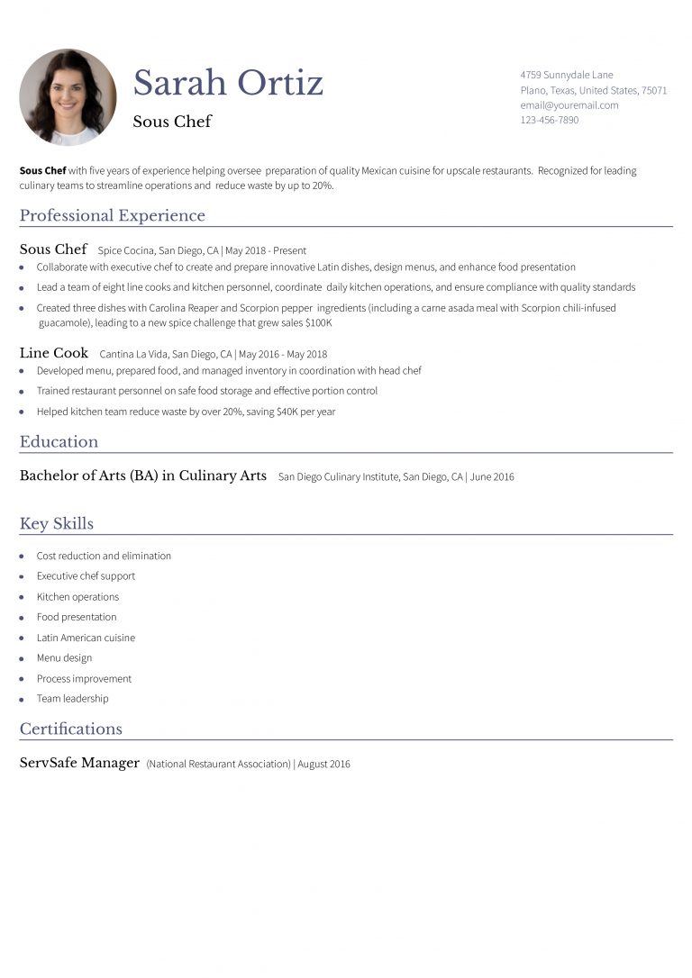 Sous Chef Resume Examples and Templates for 2024 - ResumeBuilder.com