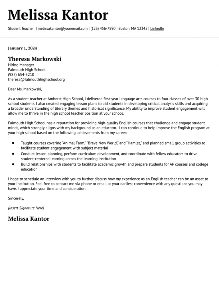 Student Teacher Cover Letter Examples and Templates for 2024 ...