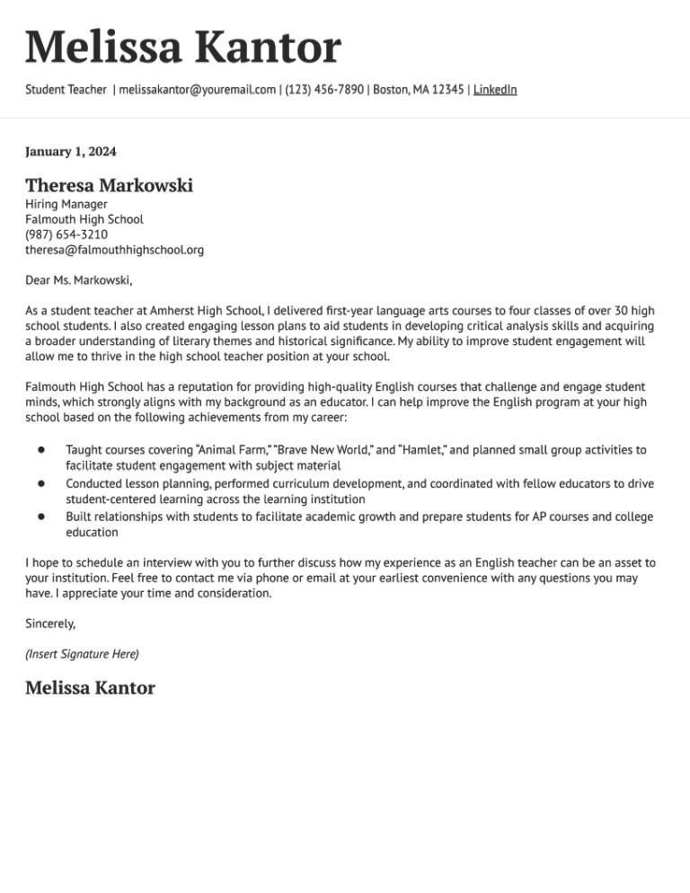 Student Teacher Cover Letter Examples and Templates for 2024 ...