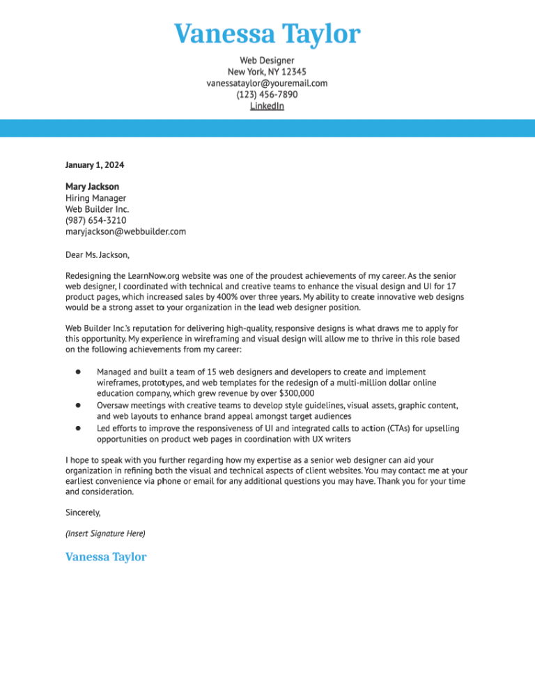 Web Designer Cover Letter Examples and Templates for 2024 ...