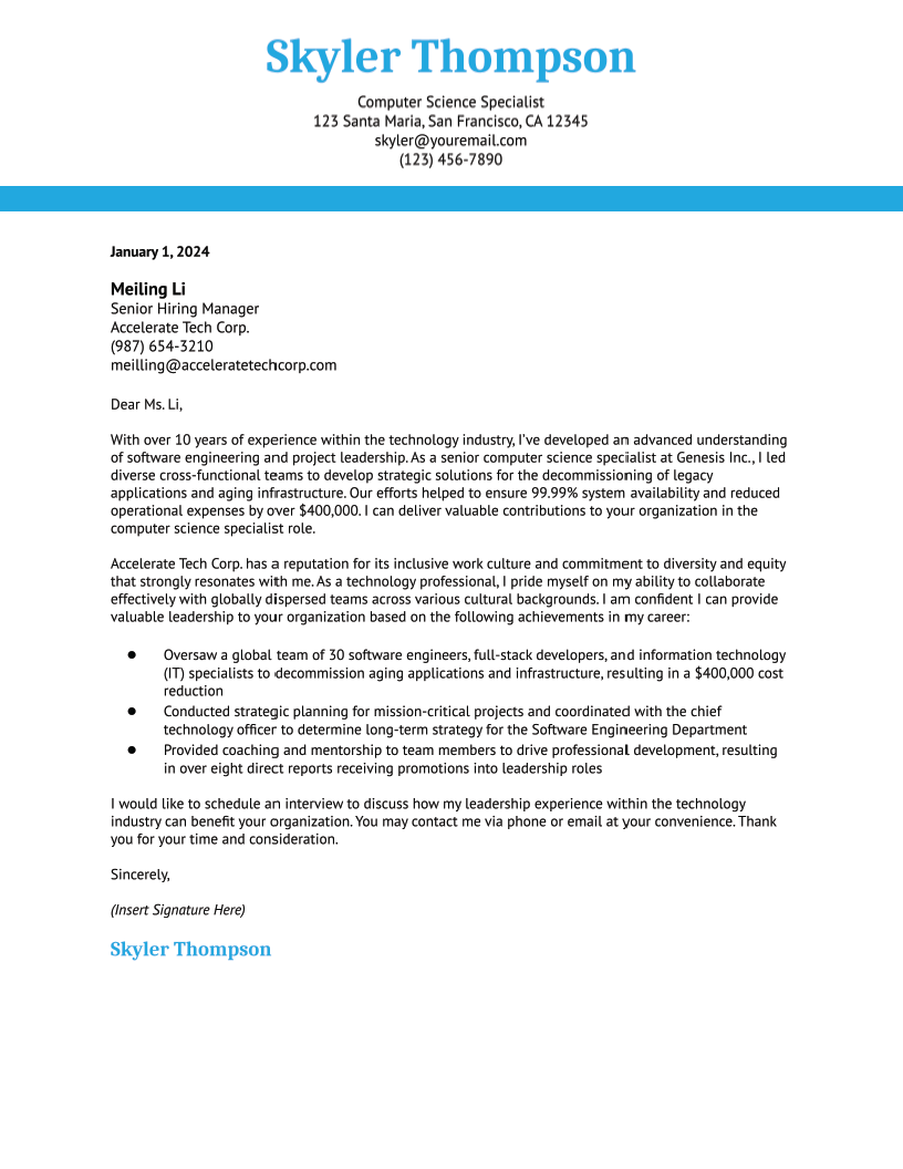 Computer Science Specialist Cover Letter Examples and Templates for ...
